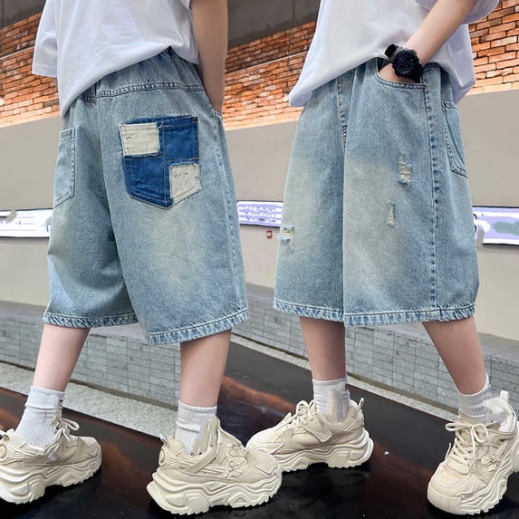 Boys Baggy Jeans Summer New Drawstring Straight Loose Solid Denim Long ...