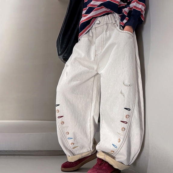 Boys Baggy Jeans White Curved Blade Denim Long Pants for Boys Trendy ...