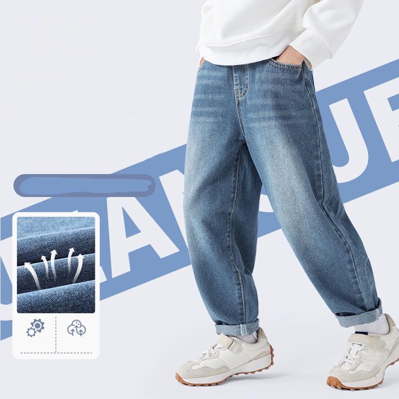 Boys Baggy Jeans with Roll Up Cuff, Vintage Wash Loose Fit Denim Pants ...