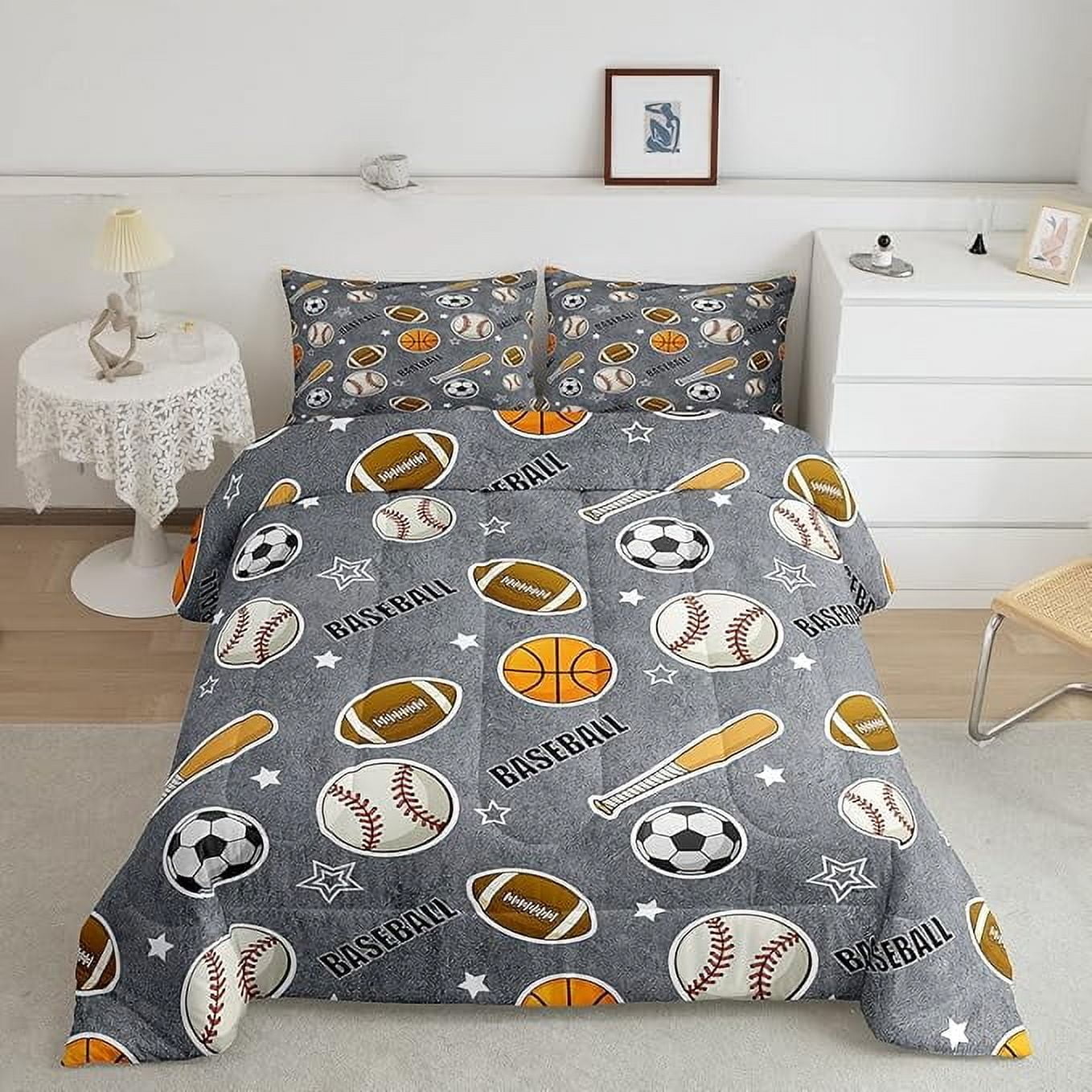 Boys Ball Sports Themed Comforter Set Twin Size Baseball Bat Soccer and ...