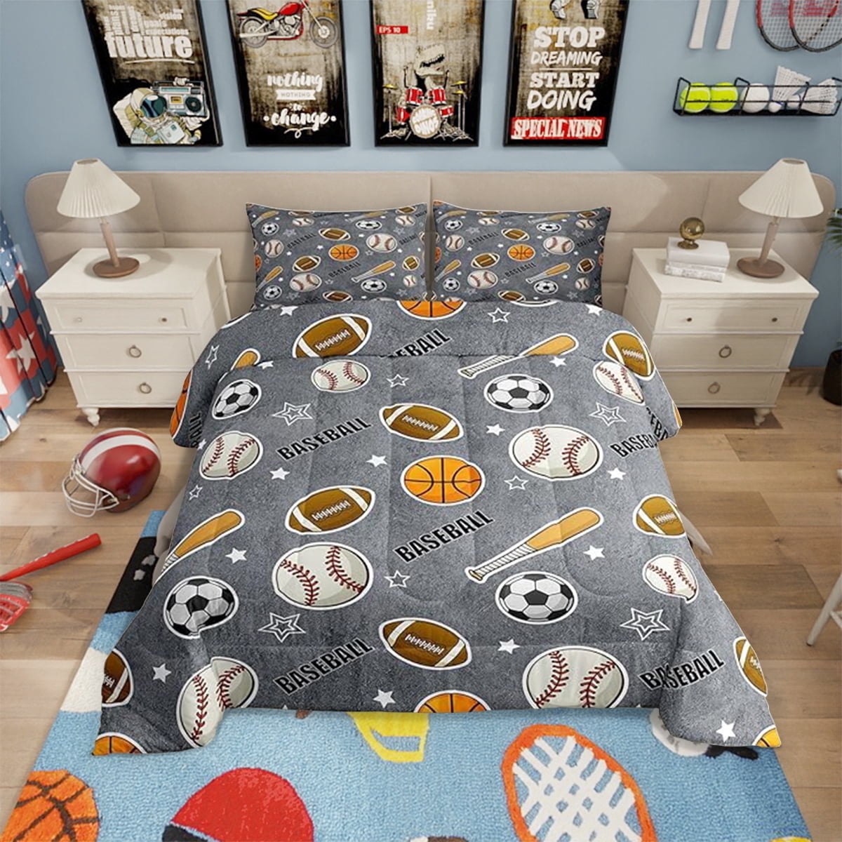 Boys Ball Sports Themed Comforter Set Twin Size Baseball Bat Soccer and ...
