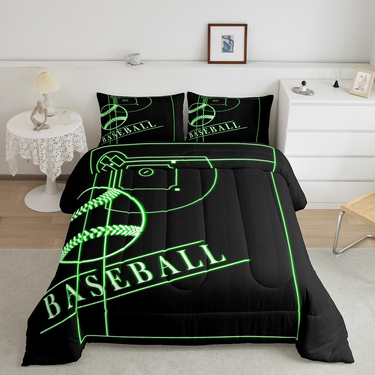 Boys Baseball Bedding Set Full for Kids Teens Black Green Comforter Set ...