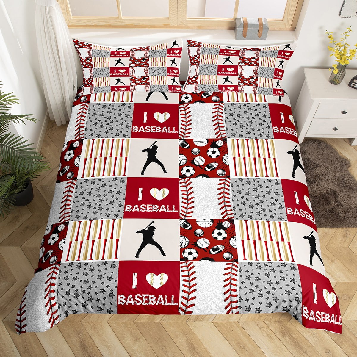 Boys Baseball Comforter Cover, Red Grey Sports Games Patchwork Bedding ...