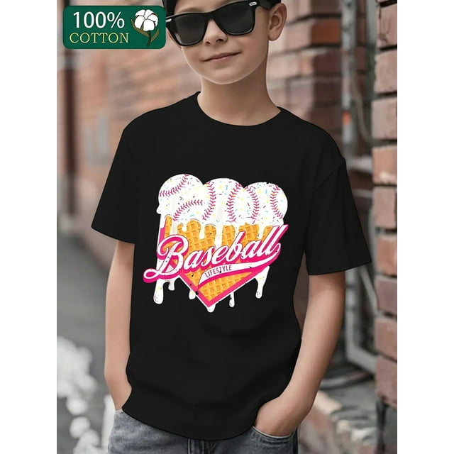 Boys' Baseball Ice Cream Graphic T-Shirt - 100% Cotton Crew Neck Short ...