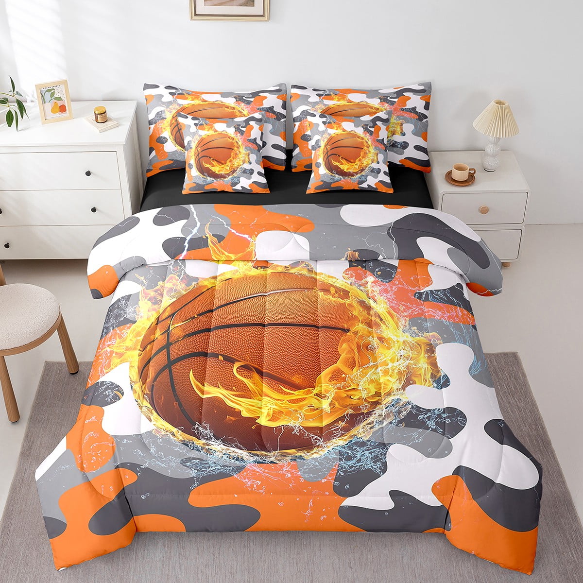 Basketball Bed In A Bag 7 Piece Full Grey Orange Camo Comforter Set ...