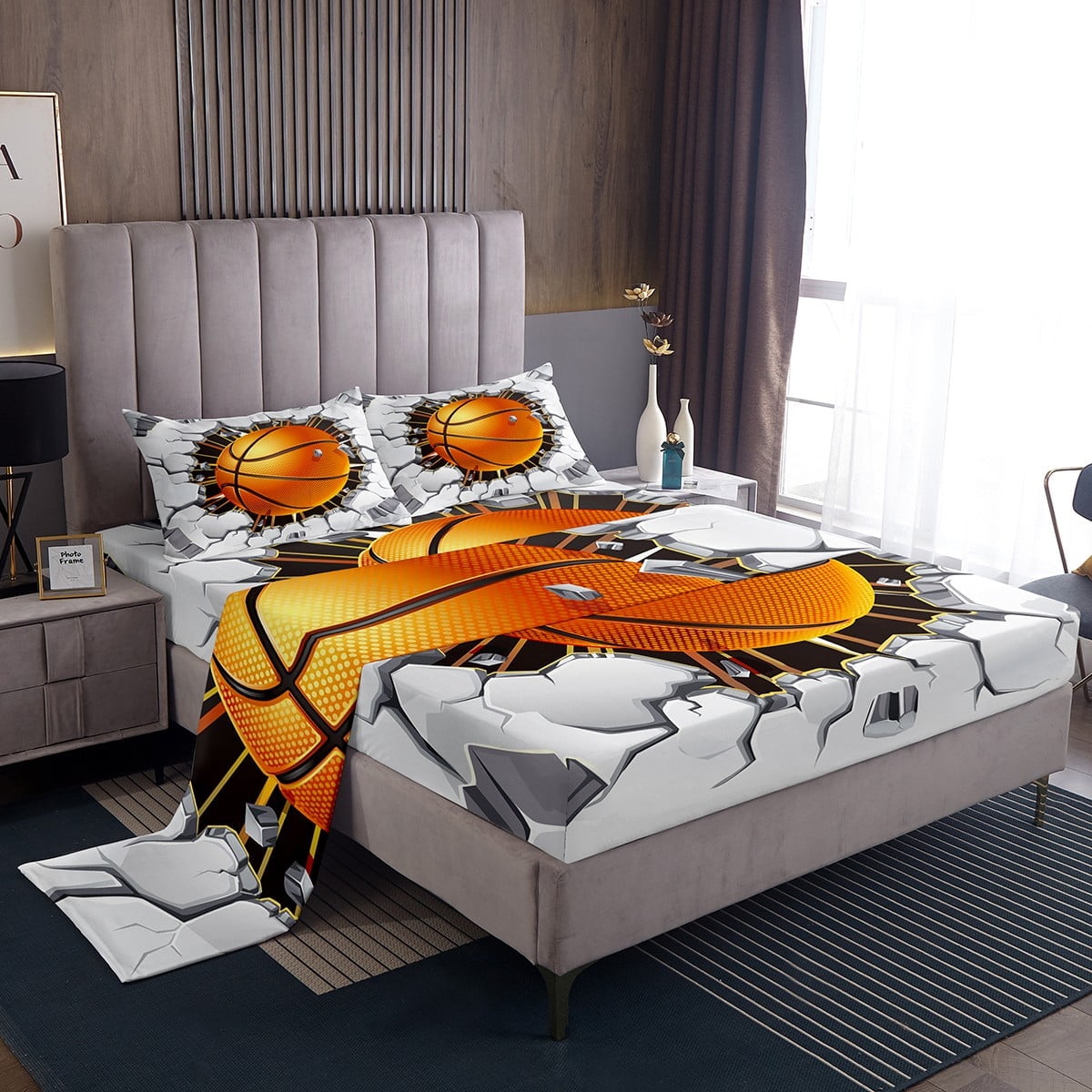 Basketball Bed Set Teen Sports Bed Sheets Set, Ball Game Sheet Set King White Grey Orange Sheets ...