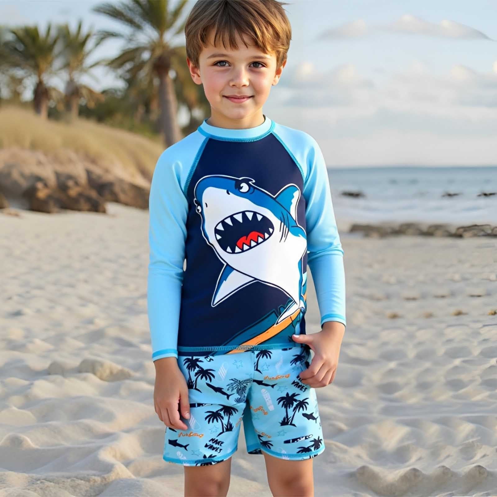 Boys Bathing Suit Two Piece Swim Set with Shark Tropical Print for Kids ...