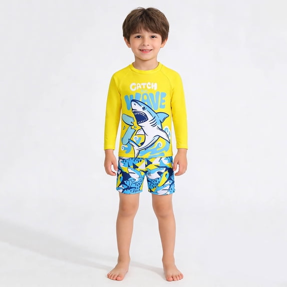 Boys Beach Style 2 Piece Long Sleeve Shark Letter Print Rash Guard Set ...