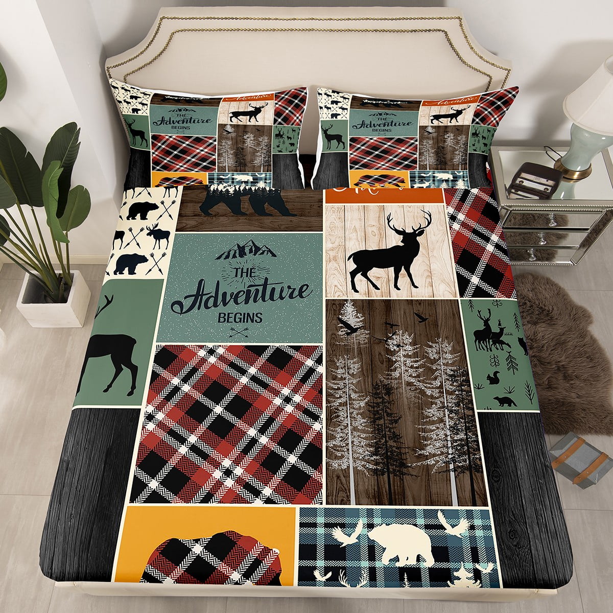 Boys Bear Deer Fitted Sheet, Rustic Farmhouse Bedding Set Cabin Lodge ...
