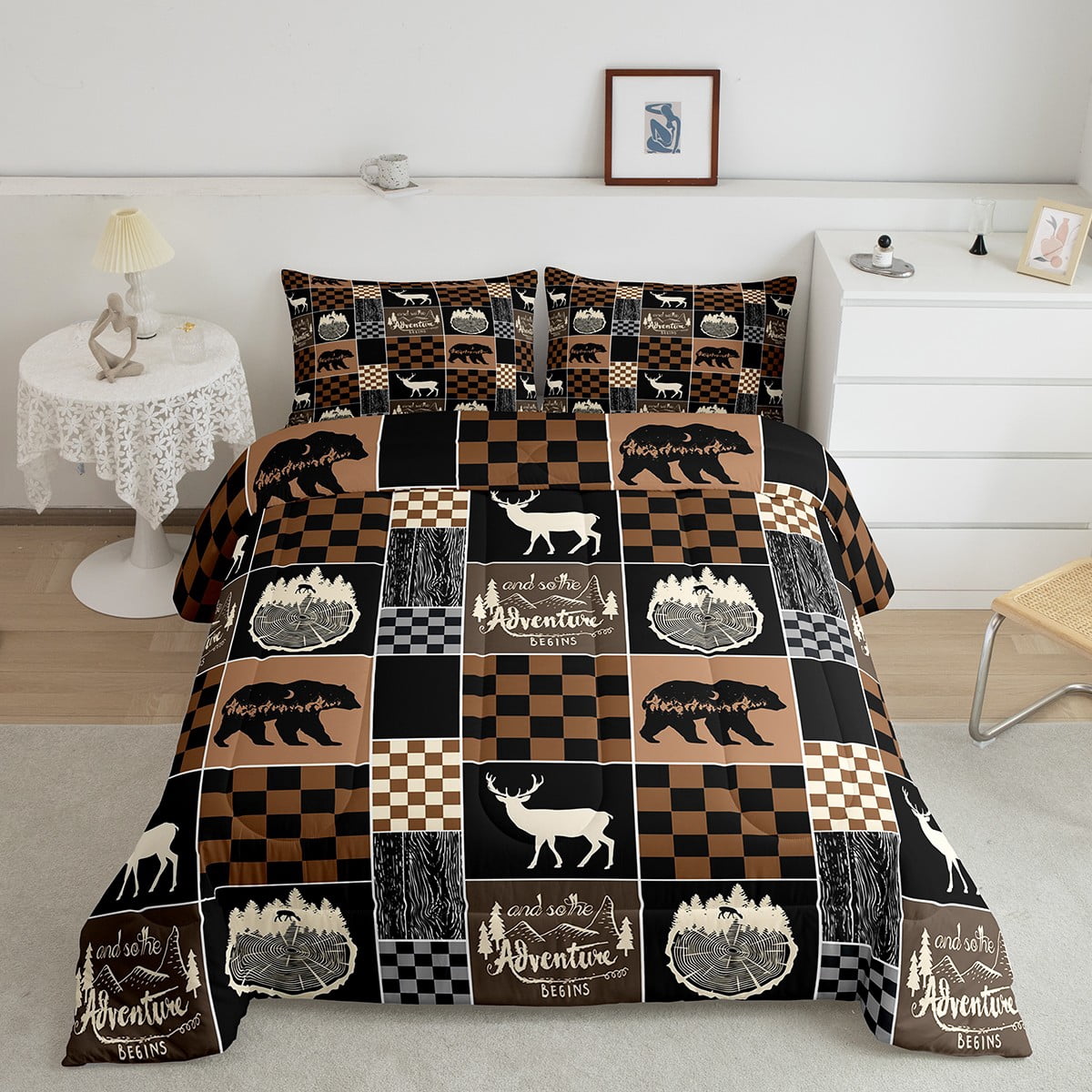 Boys Bear Deer Plaid Comforter Set, Rustic Cabin Lodge Bedding For Kids Bedroom, Brown Black ...