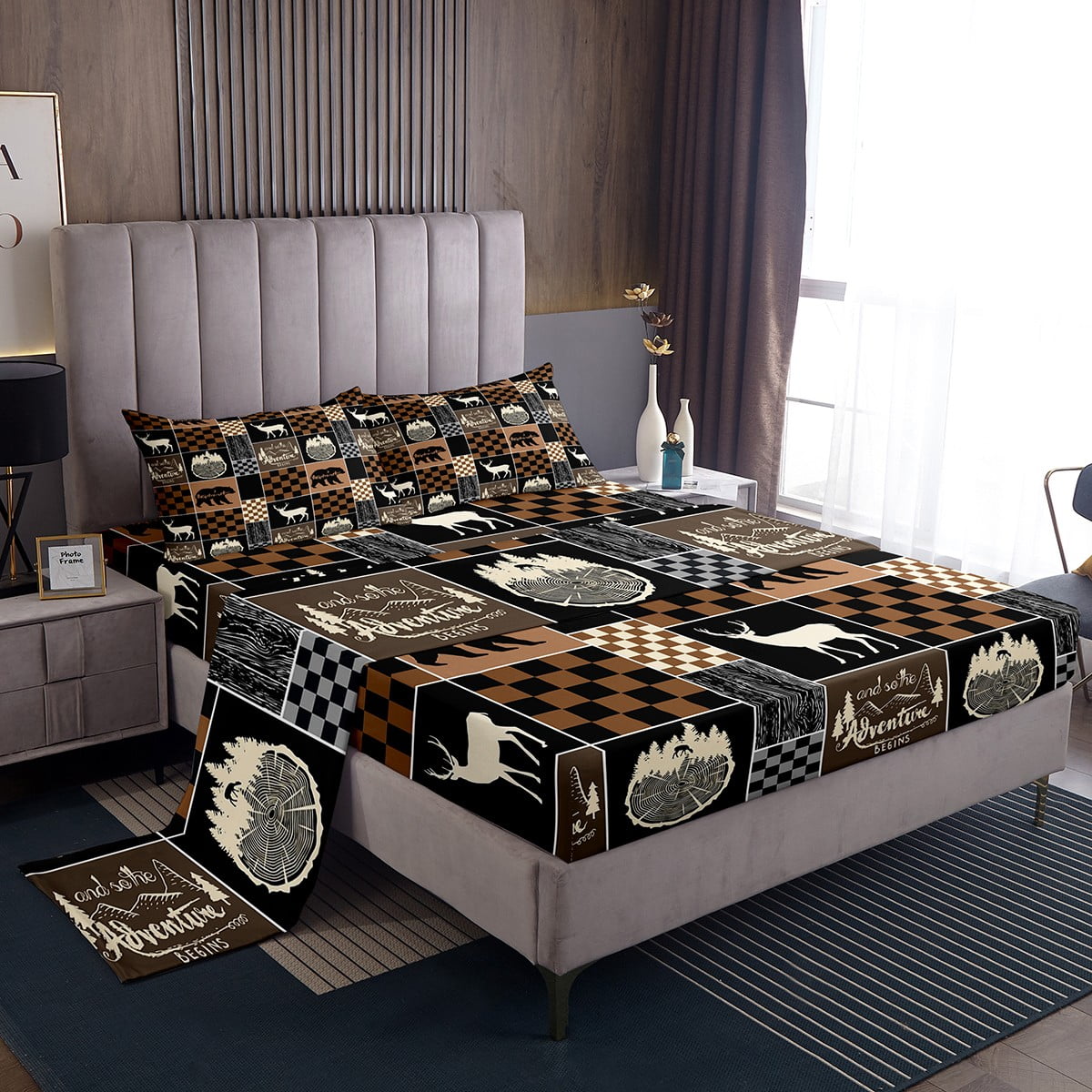 Boys Bear Deer Plaid Sheet Set, Rustic Cabin Lodge Bed Sheets Set For ...