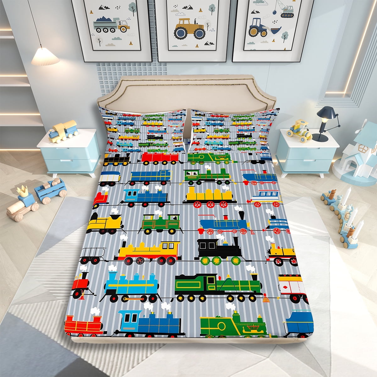 Boys Bed Sheets Set Twin Size Train Sheet Set,Colorful Steam Engine ...