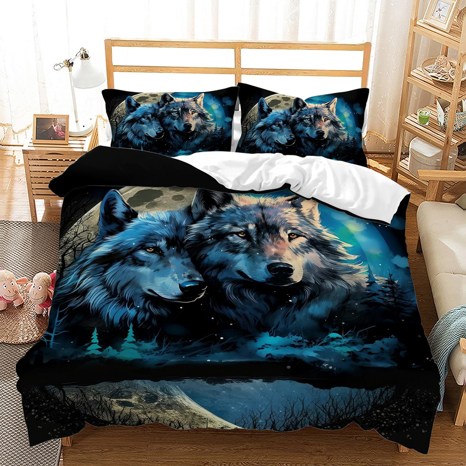 Boys Bedding Set Wolf Print Duvet Cover Set, Galaxy Moon Wolf Comforter ...