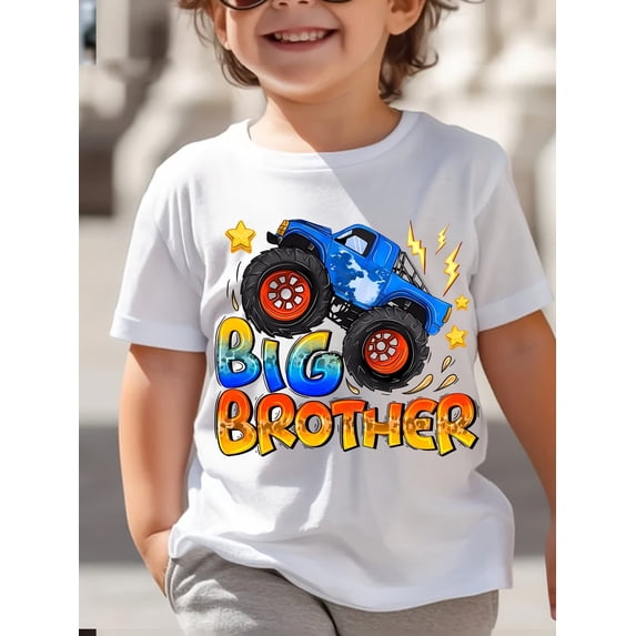 Boys' Big Brother Truck Print T-Shirt, Casual Short Sleeve Tee ...