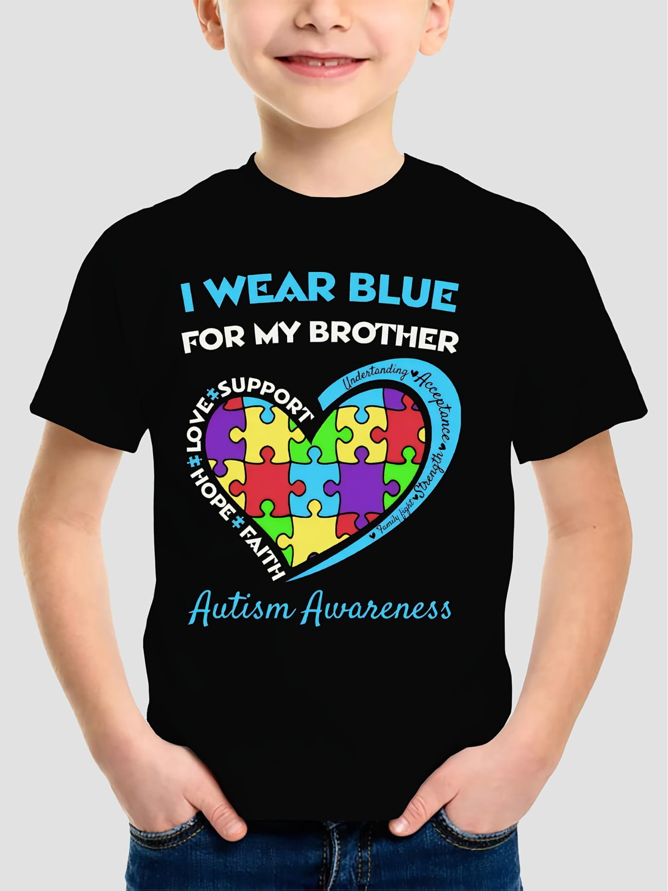 Boys' Black 3D Graphic T-Shirt - "I Wear Blue for My Brother" Autism ...