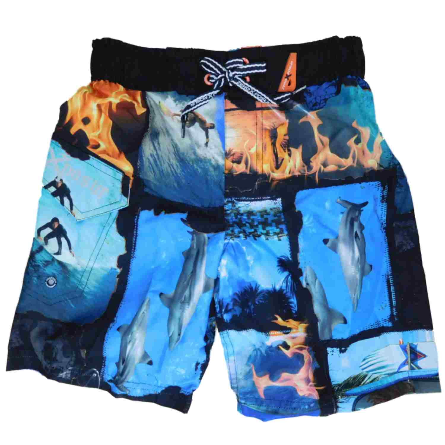 Boys Black & Blue Surfing Shark Flame Panels Swim Trunks Board Shorts 4 ...
