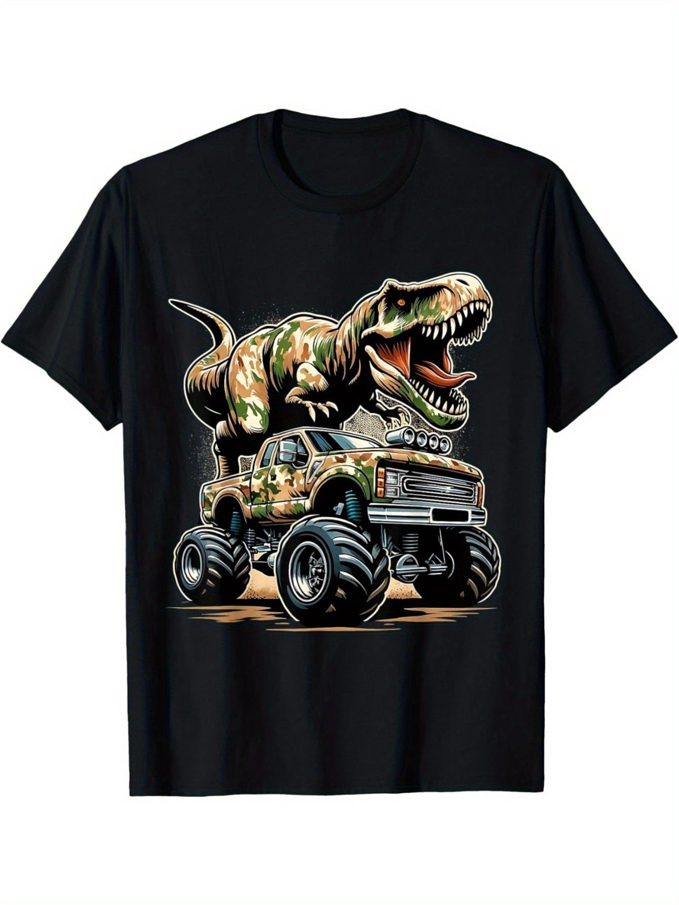 Boys' Black Camo Dinosaur T-Rex Monster Truck Graphic T-Shirt ...