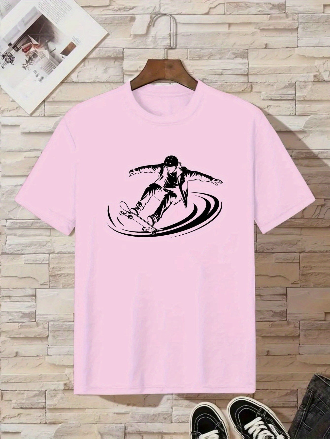 Boys' Black Cotton T-Shirt with Skateboard Boy Graphic - Casual Crew ...