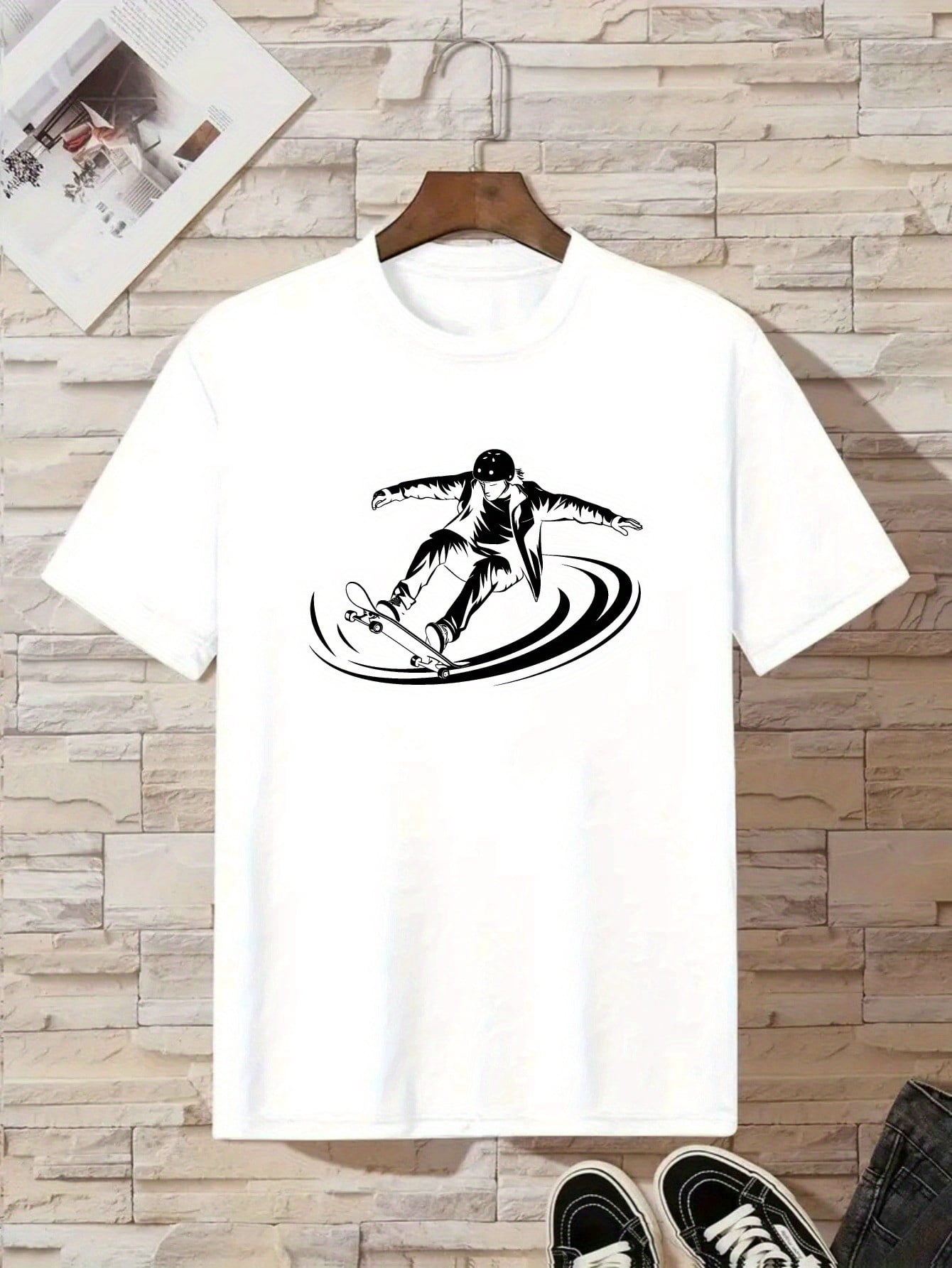 Boys' Black Cotton T-Shirt with Skateboard Boy Graphic - Casual Crew ...
