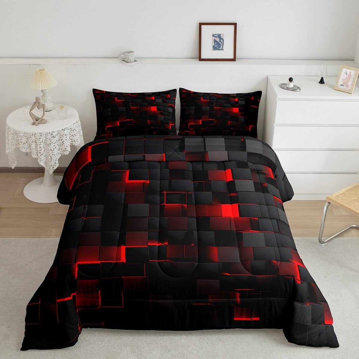 Boys Black Green Comforter Set Queen Teen Geometric Check Grid Bedding ...