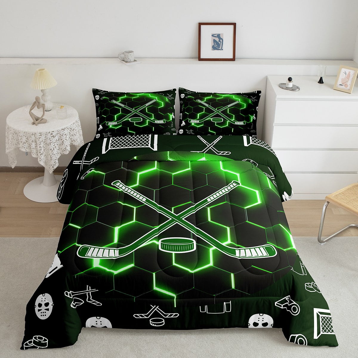 Black White Green Neon Bedding Set Twin Size Sports Ice Hockey ...
