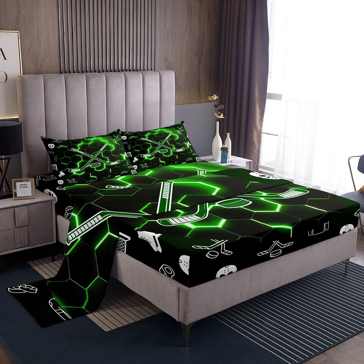 Black White Green Neon Sheet Set Twin Sports Ice Hockey Bed Sheets For ...