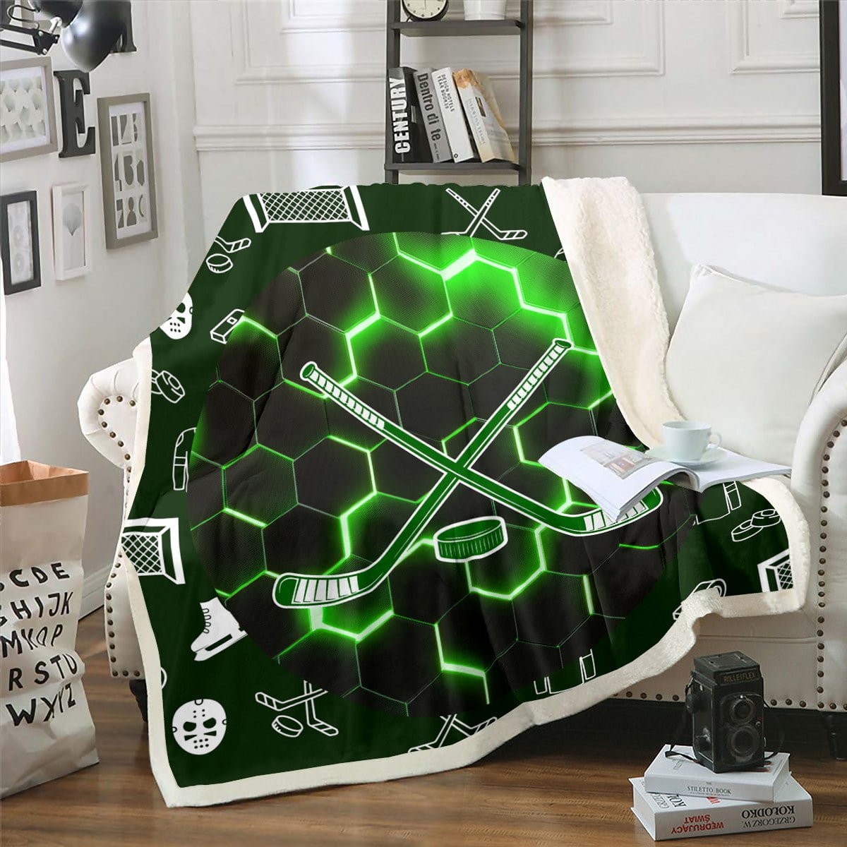 Boys Black White Green Neon Throw Blanket Baby 30"X40" Sports Ice Hockey Fleece Bed Blanket For ...