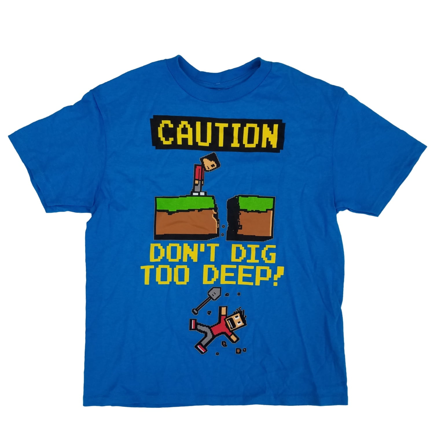 Boys Blue Caution Don't Dig Too Deep Graphic Tee Gamer T-Shirt Small ...