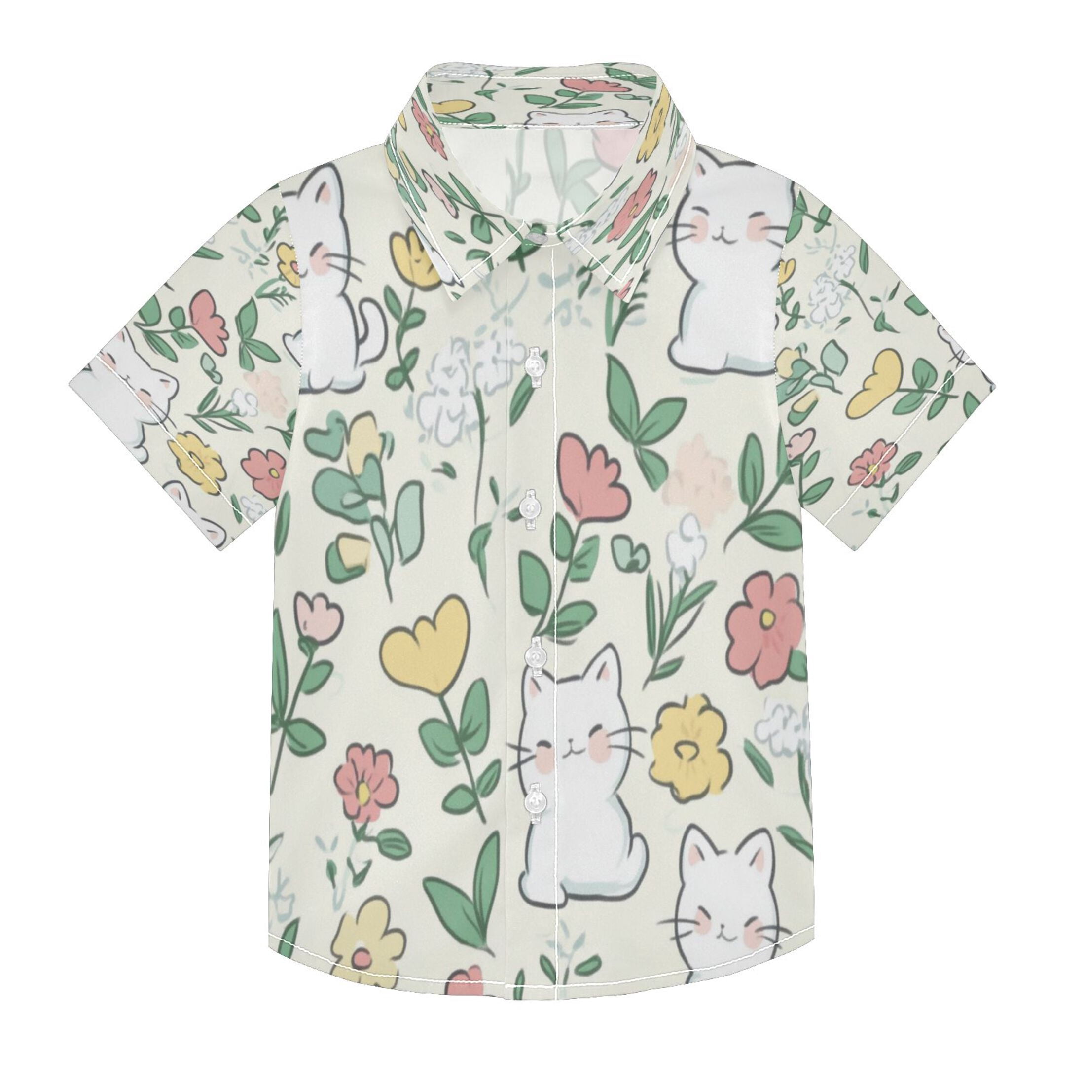Boys Button-Down Shirt Short Sleeve Shirt Tops for 3Y Cute White Cat ...