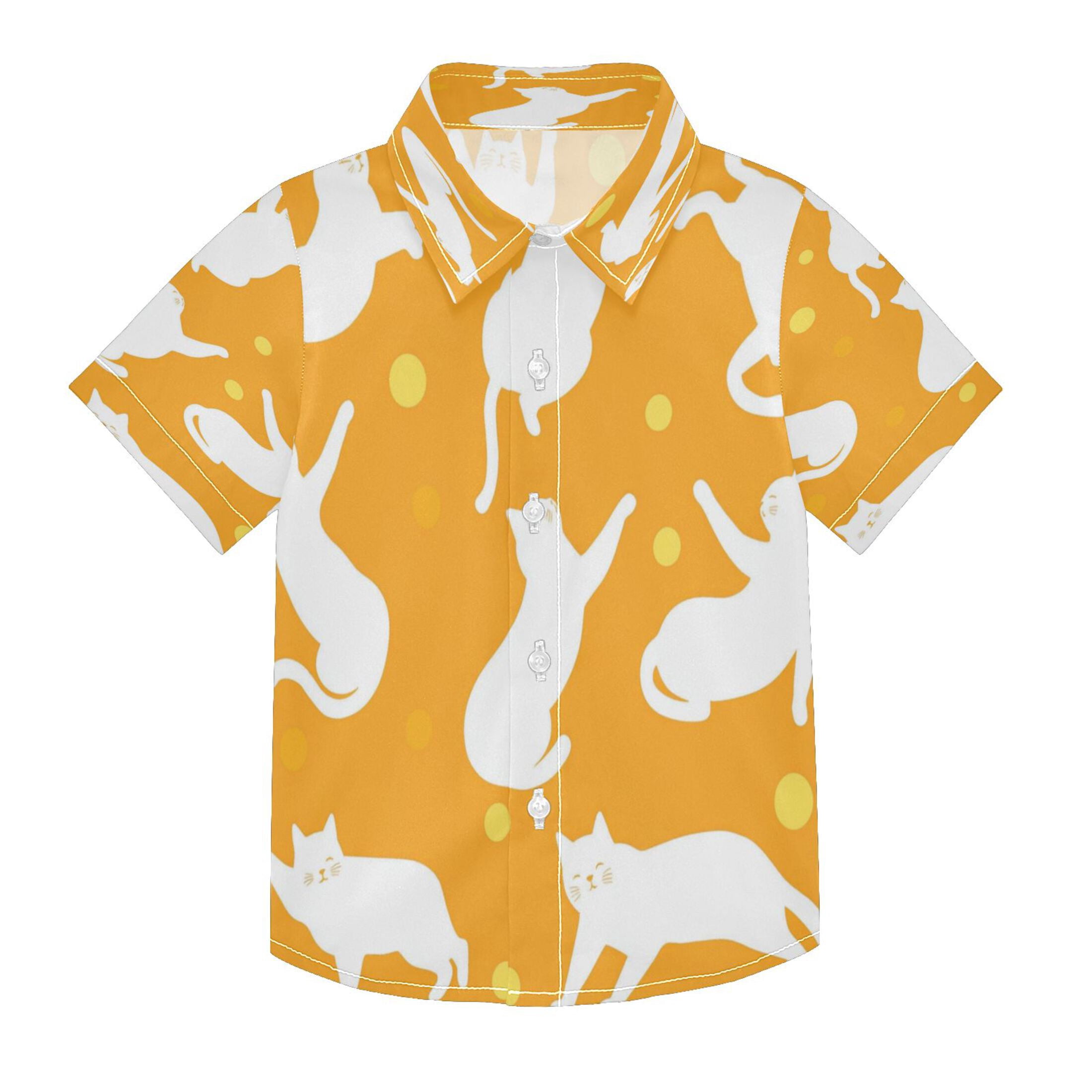 Boys Button-Down Shirt Short Sleeve Shirt Tops for 5-6Y White Cat ...