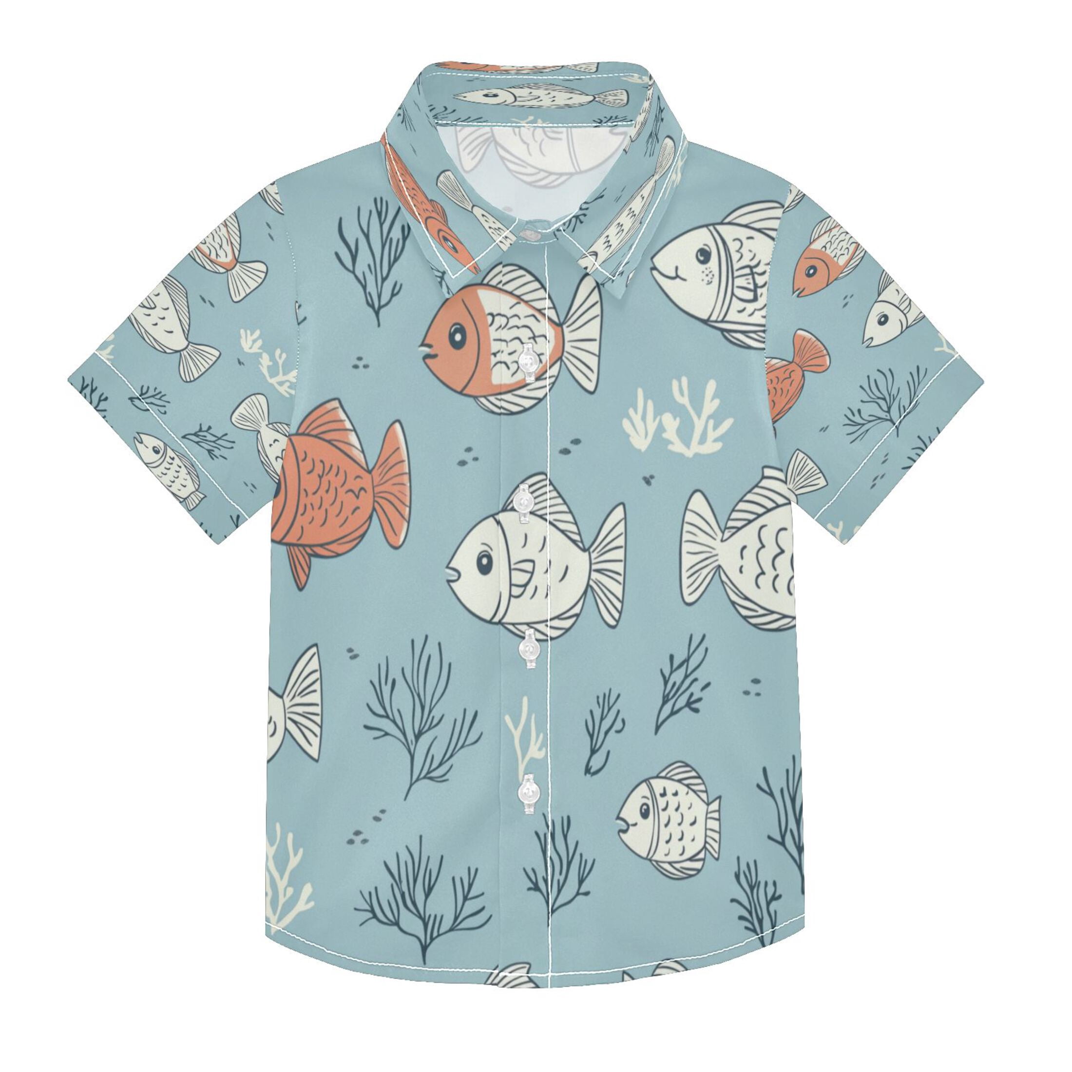 Boys Button-Down Shirt Short Sleeve Shirt Tops for 9-10Y Cartoon Fish ...