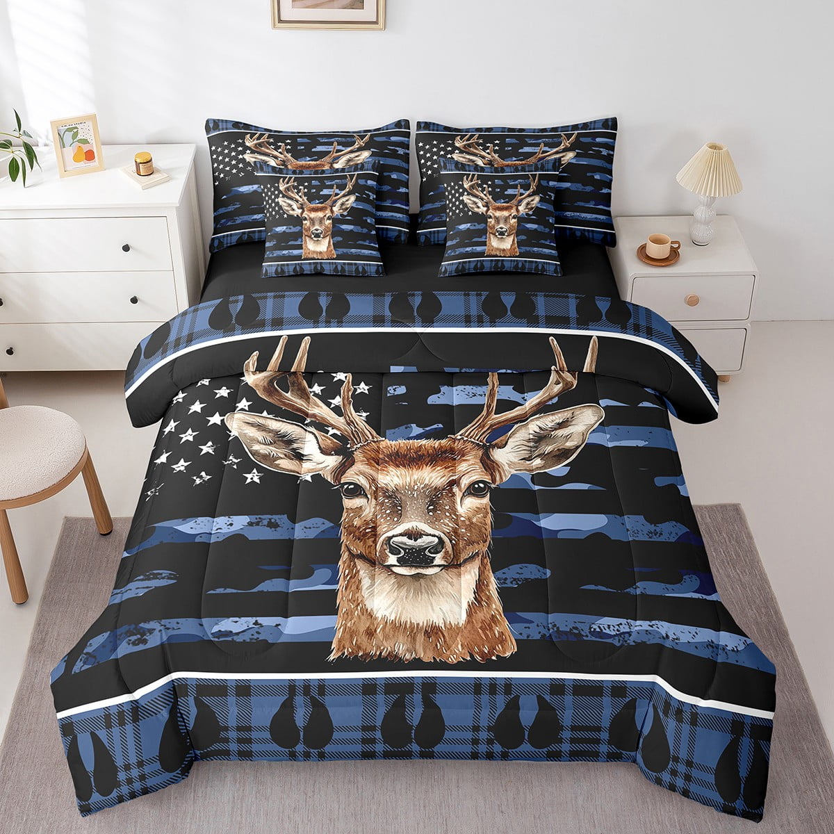 Camo Deer Twin Bedding Set 7 Piece Hunting American Flag Comforter Set ...