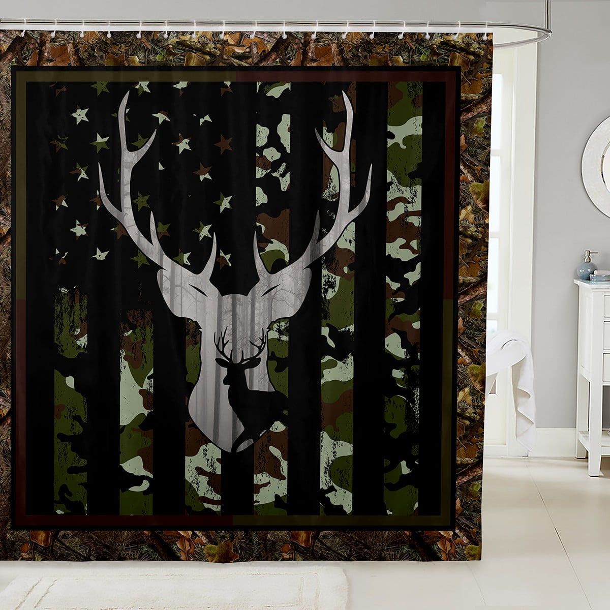 Camo Green Bathroom Shower Curtain Sets American Flag Fabric Shower ...