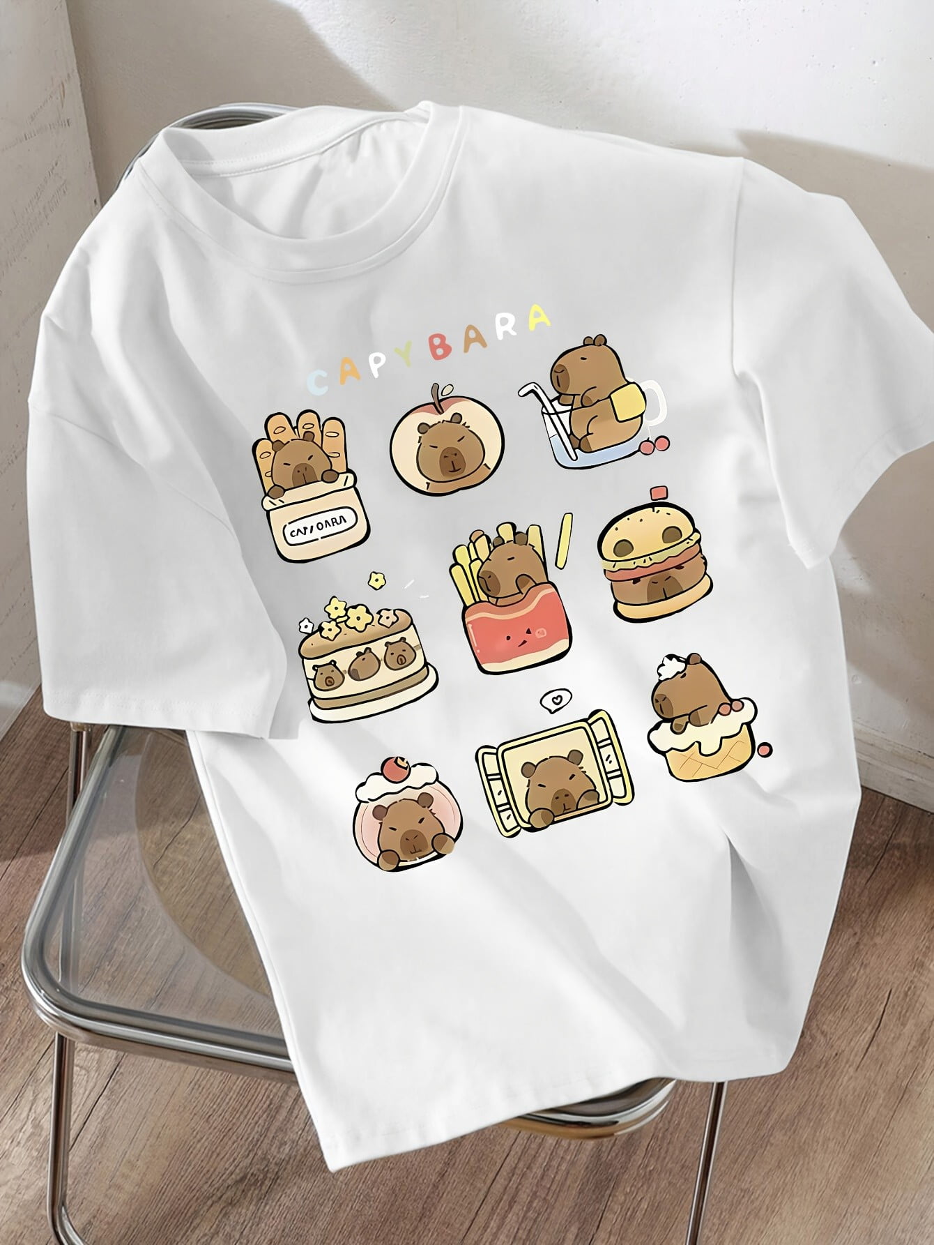 Boys' "Capybara" Cartoon Food-Themed Graphic Tee - Comfy, Casual & Cool ...