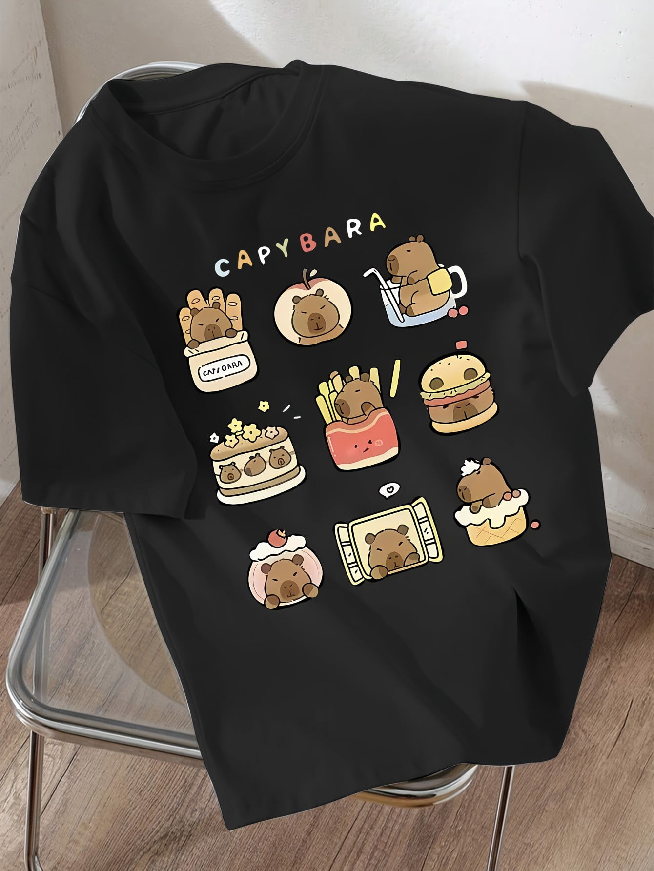 Boys' "Capybara" Cartoon Food-Themed Graphic Tee - Comfy, Casual & Cool ...