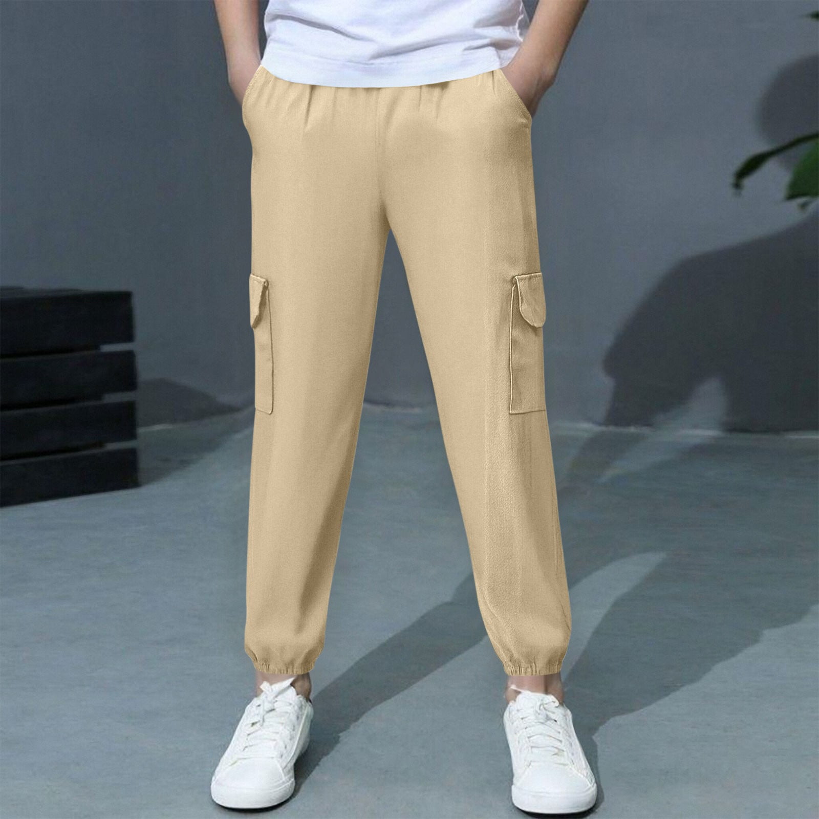 Boys Cargo Joggers Pants Beige Elastic Waist - Kids Lightweight ...