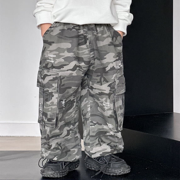 Boys Cargo Pants Camouflage Pattern Ripped Distressed Denim Jeans Multi ...