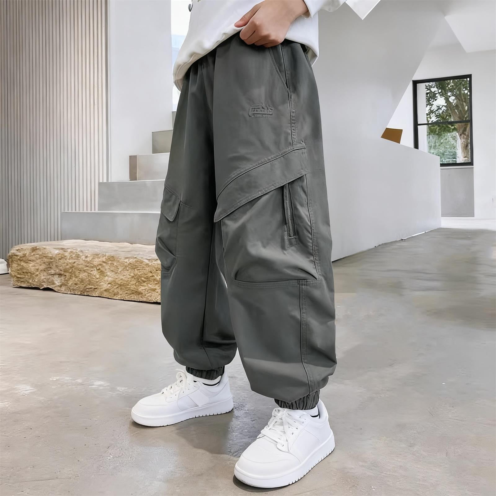 Boys Cargo Pants for Kids 5-14, Green Oversized Joggers with Zipper ...