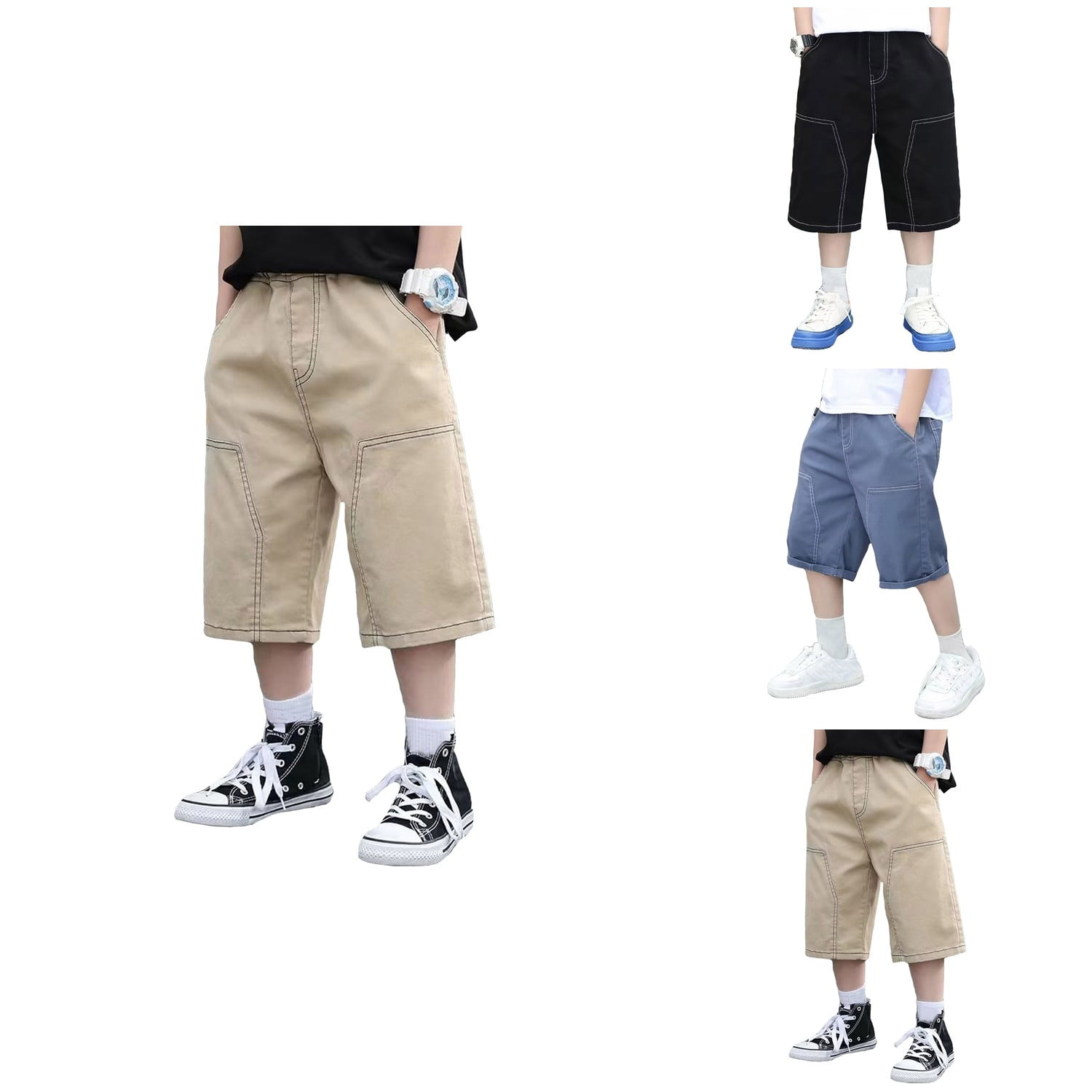 Boys Cargo Shorts Stretch Elastic Waist Casual Bermuda Knee Length ...