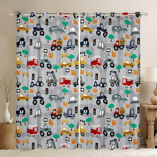 Boys Cartoon Car Curtains, Tractor Machinery Trucks Blackout Curtains ...