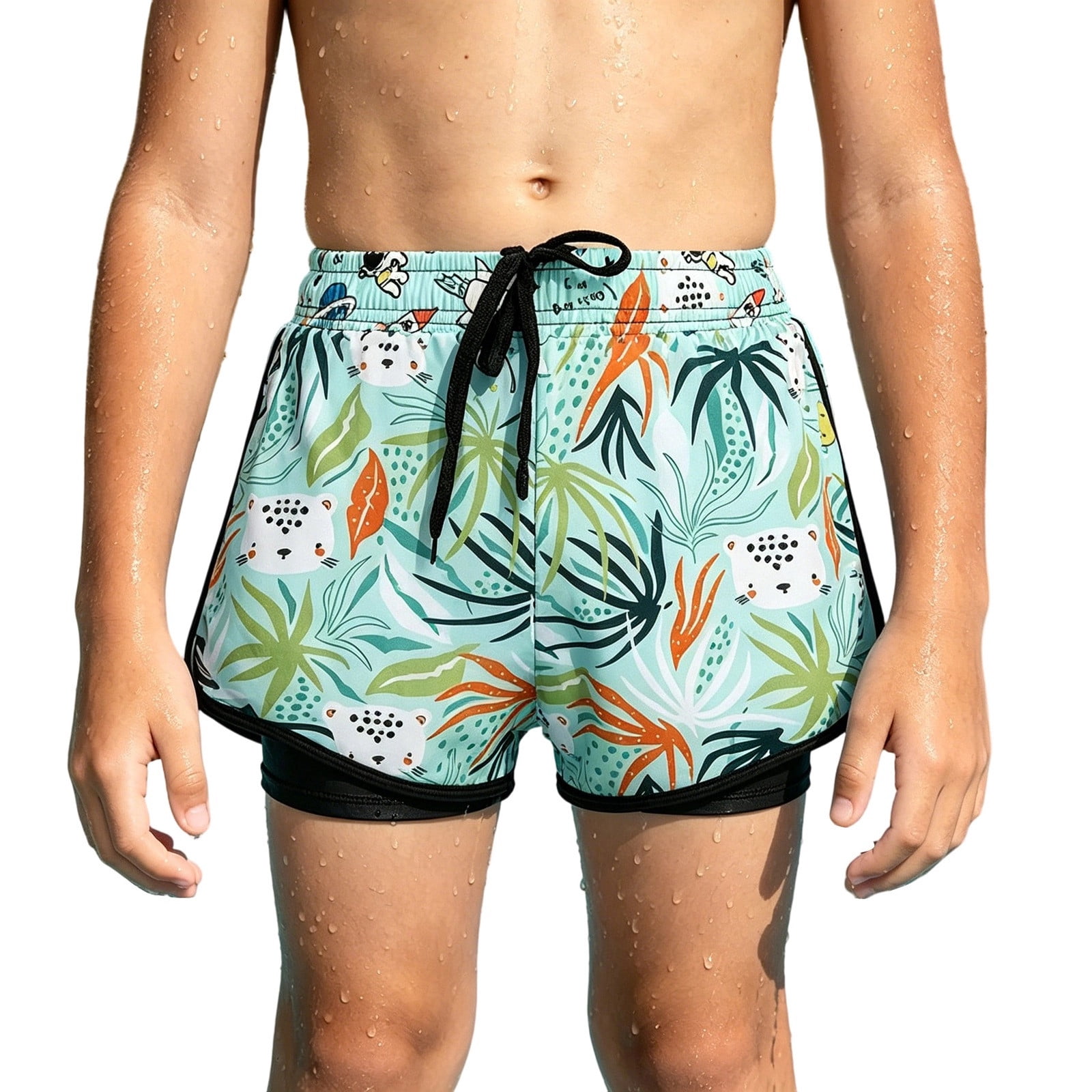 Boys Cartoon Print Double Layer Swim Trunks With Pool Shorts Kids ...