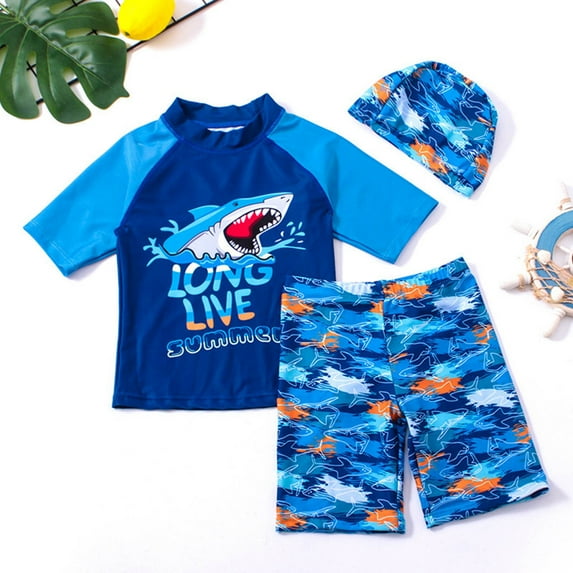 Boys Cartoon Shark Alphabet Swimwear 3 Piece Set Printed Beach Style ...