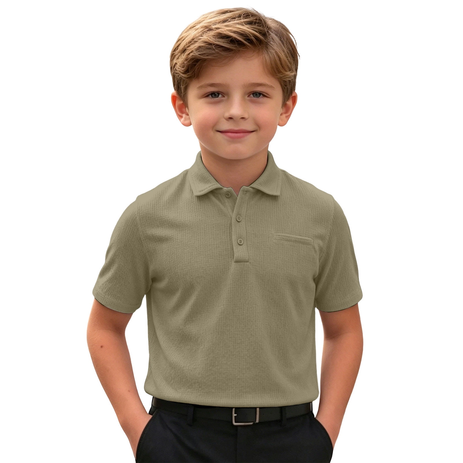 Boys Casual Button Down Short Sleeve Polo Shirt Summer Waffle Knit Ice ...