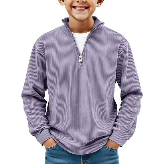 Boys Casual Corduroy Shirts Loose Stand Collar Long Sleeve Quater Zip ...