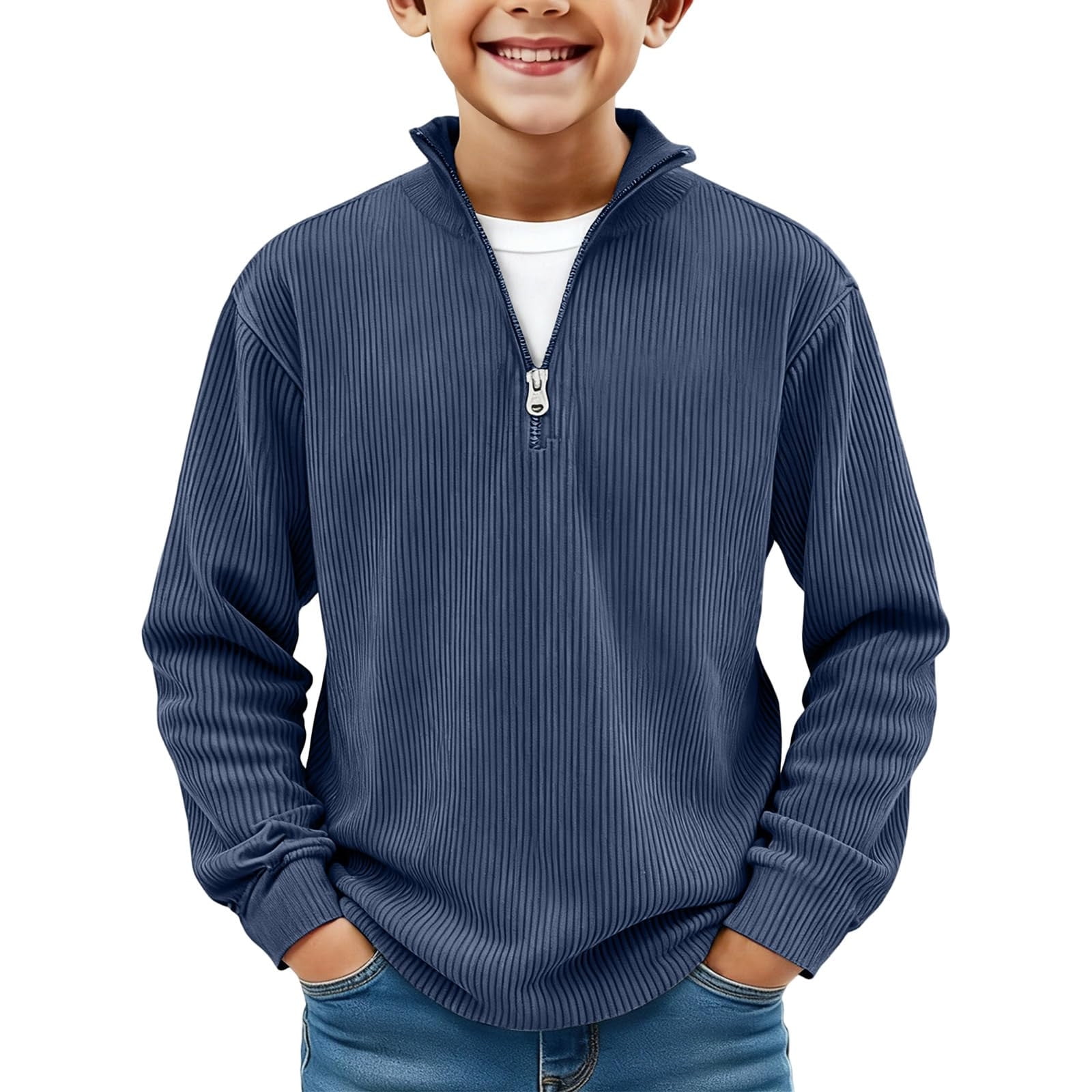 Boys Casual Corduroy Shirts Loose Stand Collar Long Sleeve Quater Zip ...