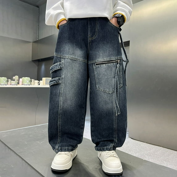 Boys Casual Denim Pants Straight Leg Loose Fit Wide Trousers Fall ...