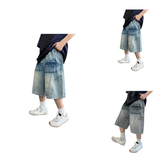 Boys Casual Denim Shorts with Texture Elastic Waist, Loose Fit ...
