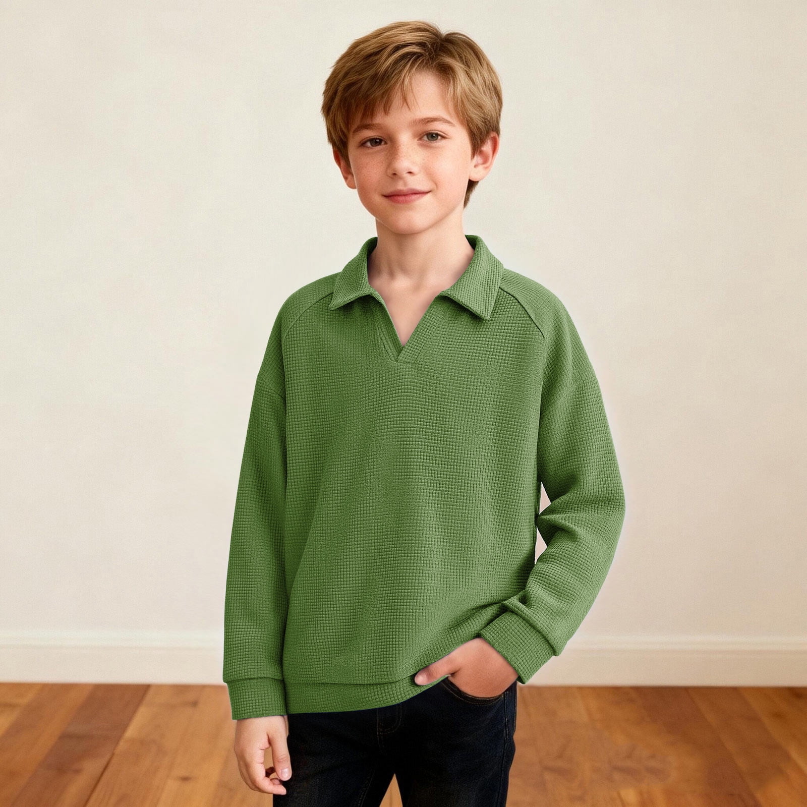 Boys' Casual Long Sleeve Pullover Top with Lapel Collar for Daily Wear ...