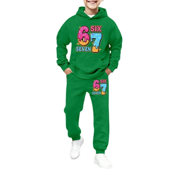 Boys Casual Print Hoodie Joggers Warm Two Piece Outfit Kids Ground ...