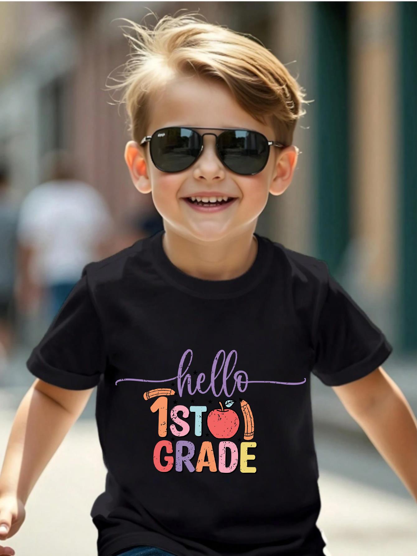 Boys' Casual Round Neck T-Shirt with "Hello 1st Grade" Back-to-School ...